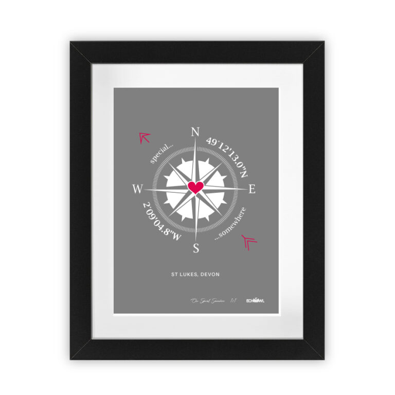 Special Somewhere Coordinates Compass Framed Print - Grey - Echo Owl
